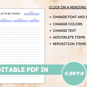 Editable and Printable Lecture Notes, Lecture Note Templates, Student ...
