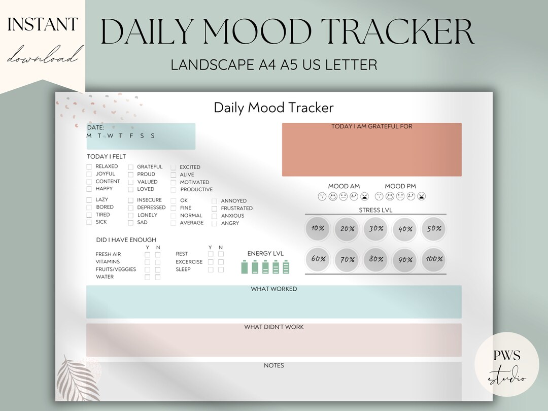 Daily Mood Tracker Printable Mood Track Emotion Tracker Mood Journal ...