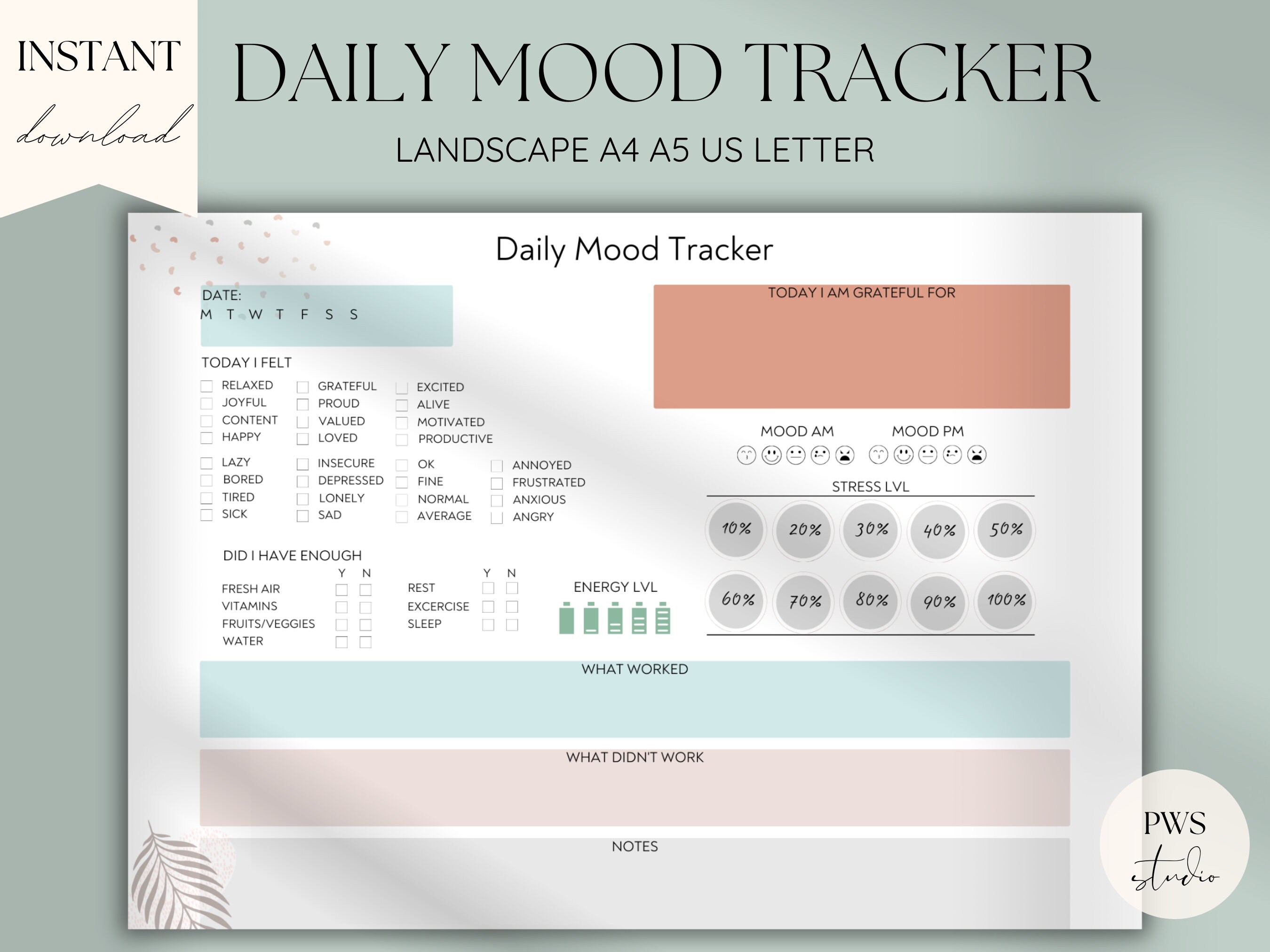 Daily Mood Tracker Printable Mood Track Emotion Tracker Mood Journal ...