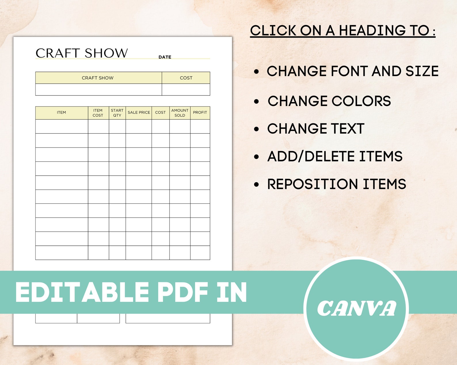 Editable and Printable Craft Show Tracker, Craft Fair Log, Market Stall ...