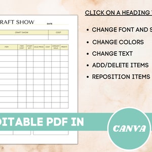 Editable and Printable Craft Show Tracker, Craft Fair Log, Market Stall ...