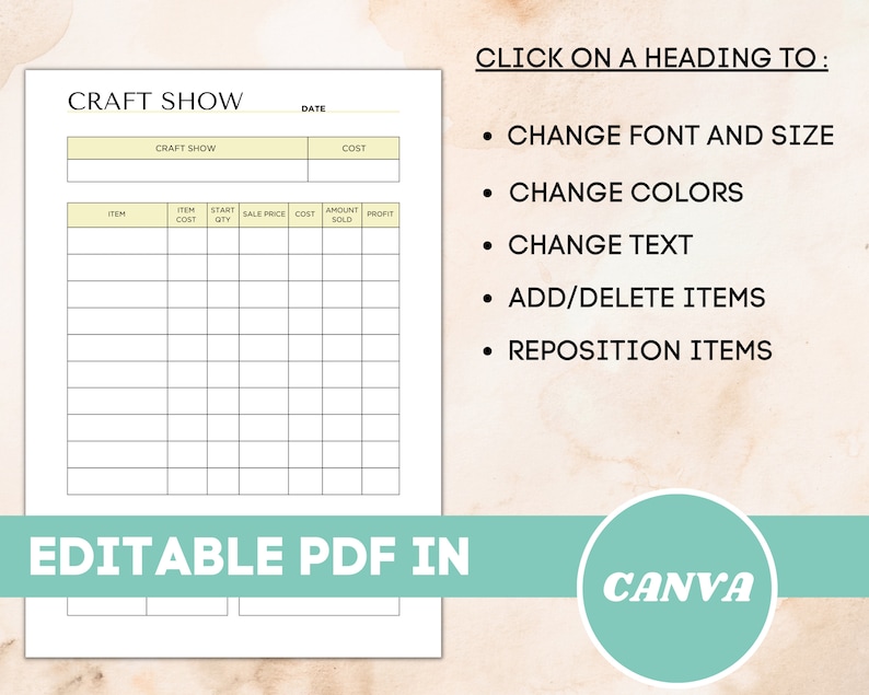 Editable and Printable Craft Show Tracker, Craft Fair Log, Market Stall ...