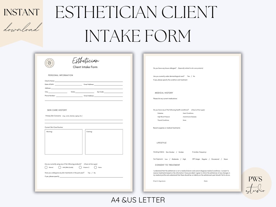 Esthetician Client Intake Form Beauty Salon Business Form Client Intake ...