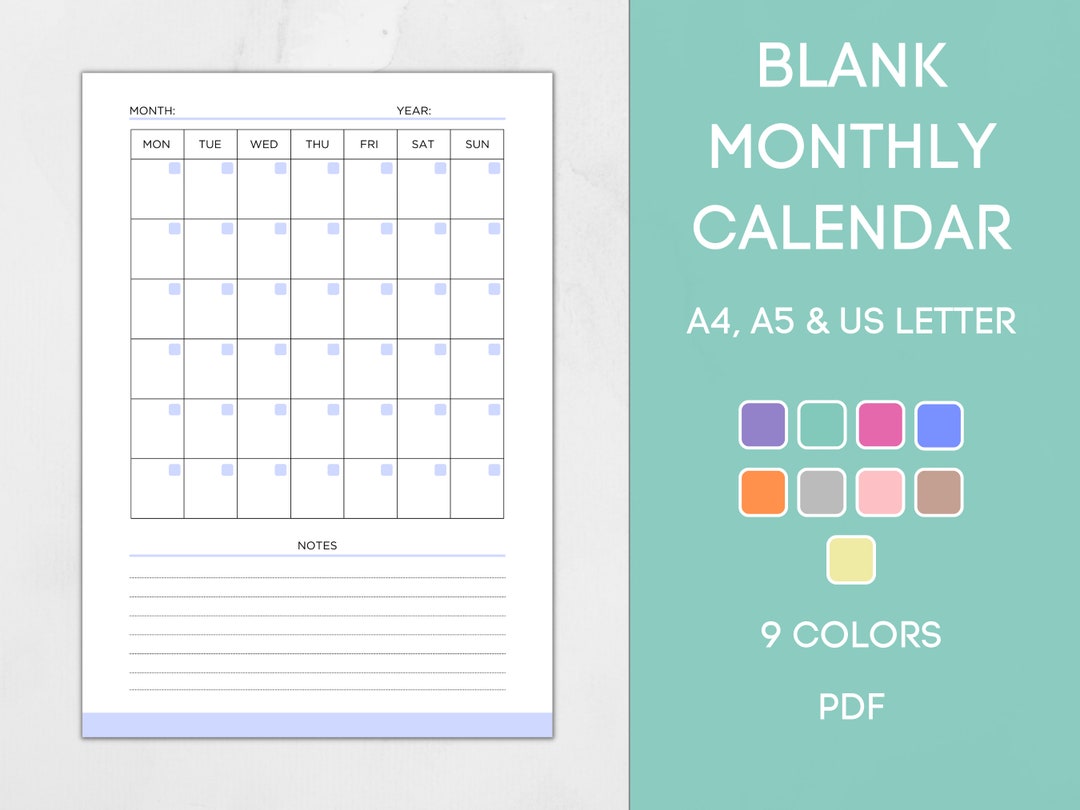 Printable Blank Calendar Template, Editable Calendar, Monthly Calendar ...