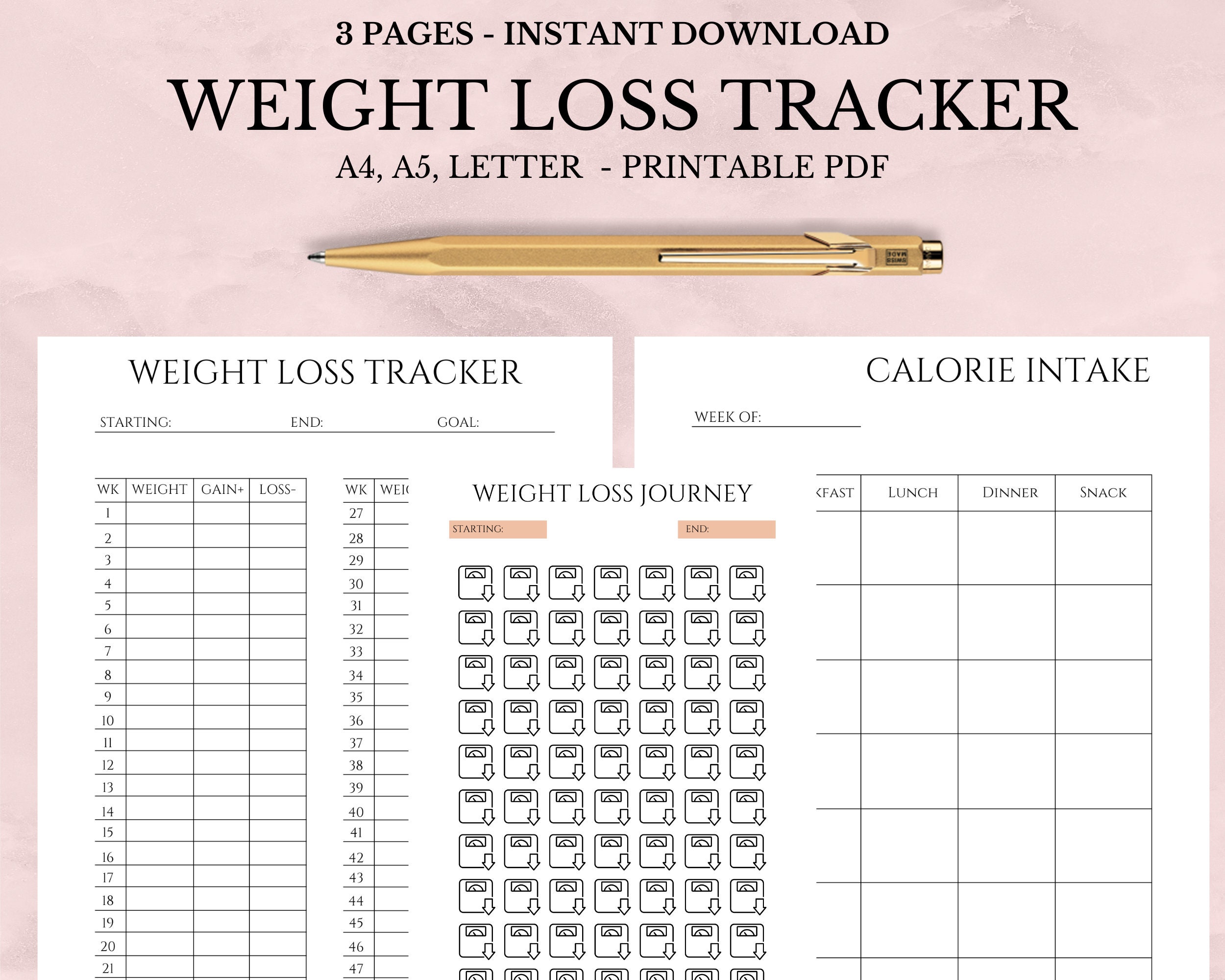 Weight Loss Tracker Printable and Editable, Digital Fitness Journal ...