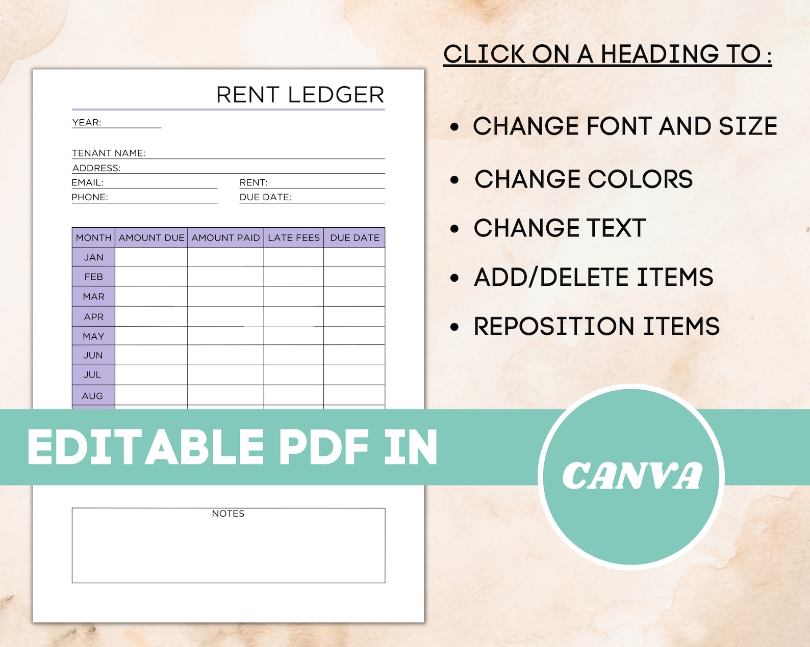 Printable Rent Payment Ledger, Printable Rent Payment Log, Rental ...