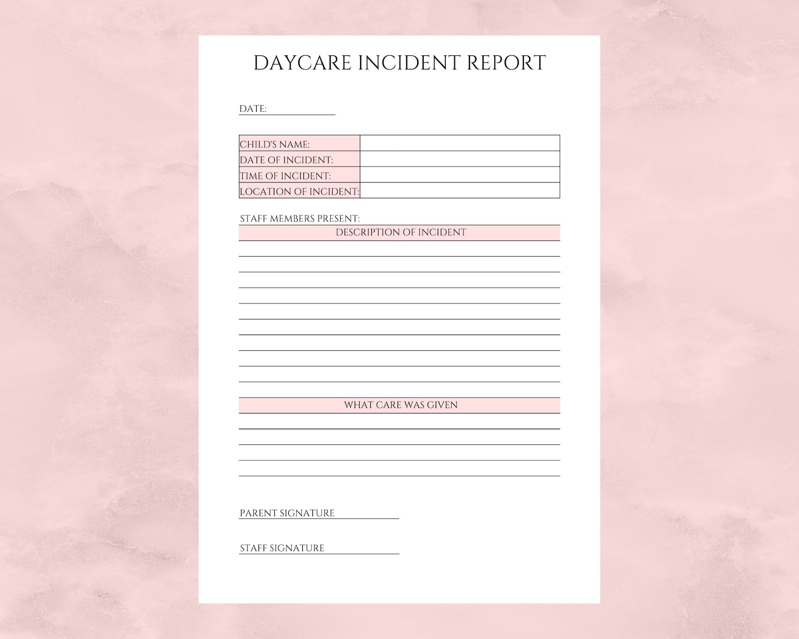 Daycare Incident Report, Child Incident Form, Incident Sheet, Report ...