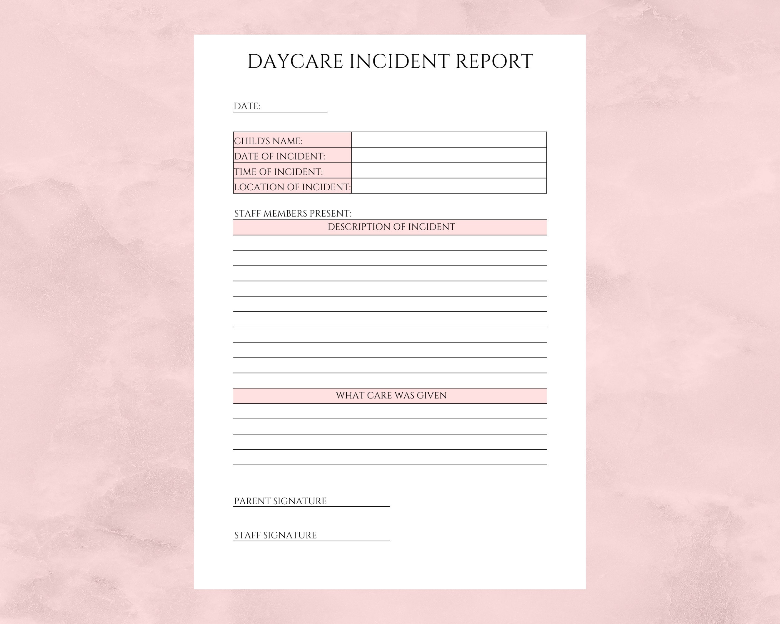 Daycare Incident Report, Child Incident Form, Incident Sheet, Report ...