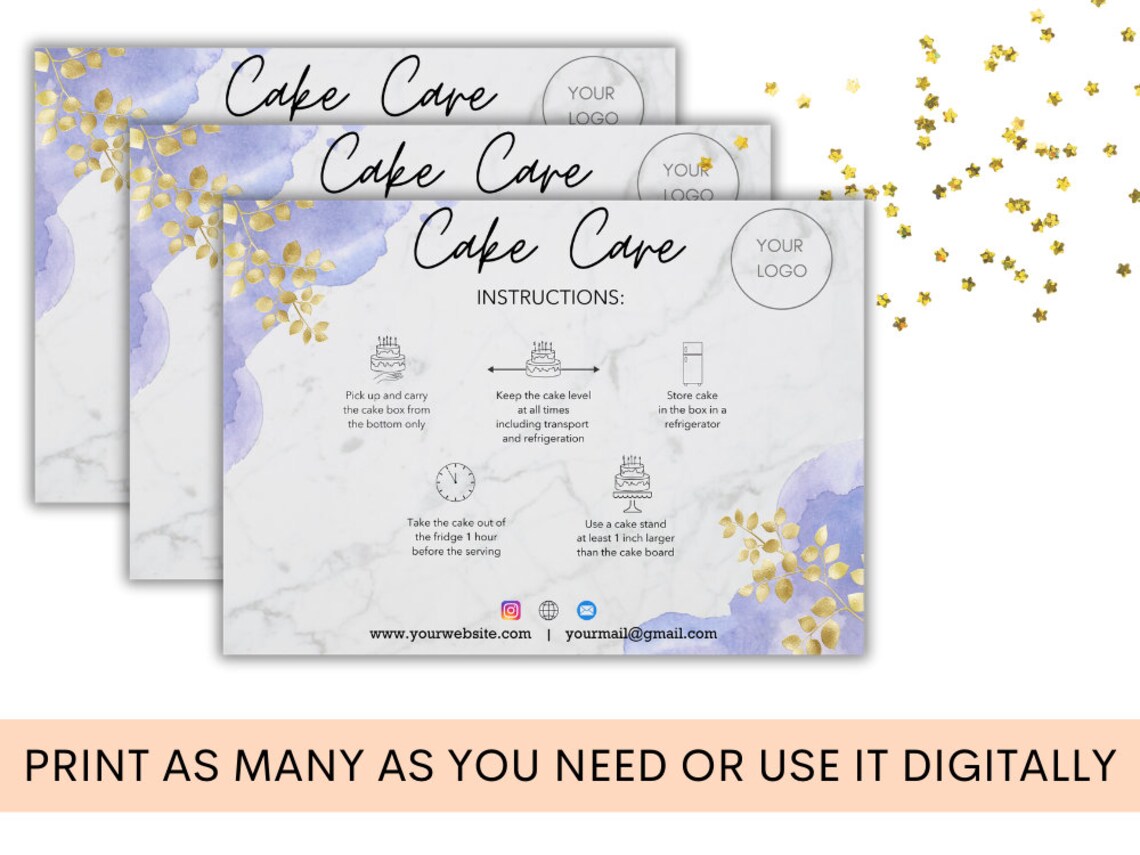 Editable Cake Care Card, Printable Birthday Cake Cards, Wedding Cake ...