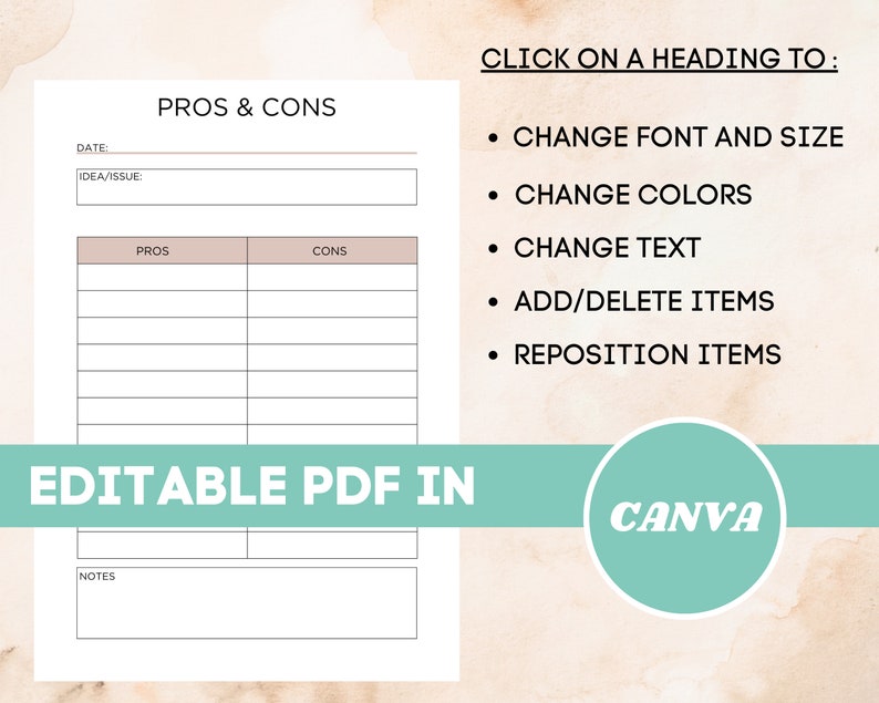 Pros and Cons List Printable Editable Print at Home Planner Life ...