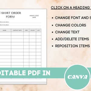 T-shirt Order Form Editable, Printable Shirt Order Form, Editable Small ...