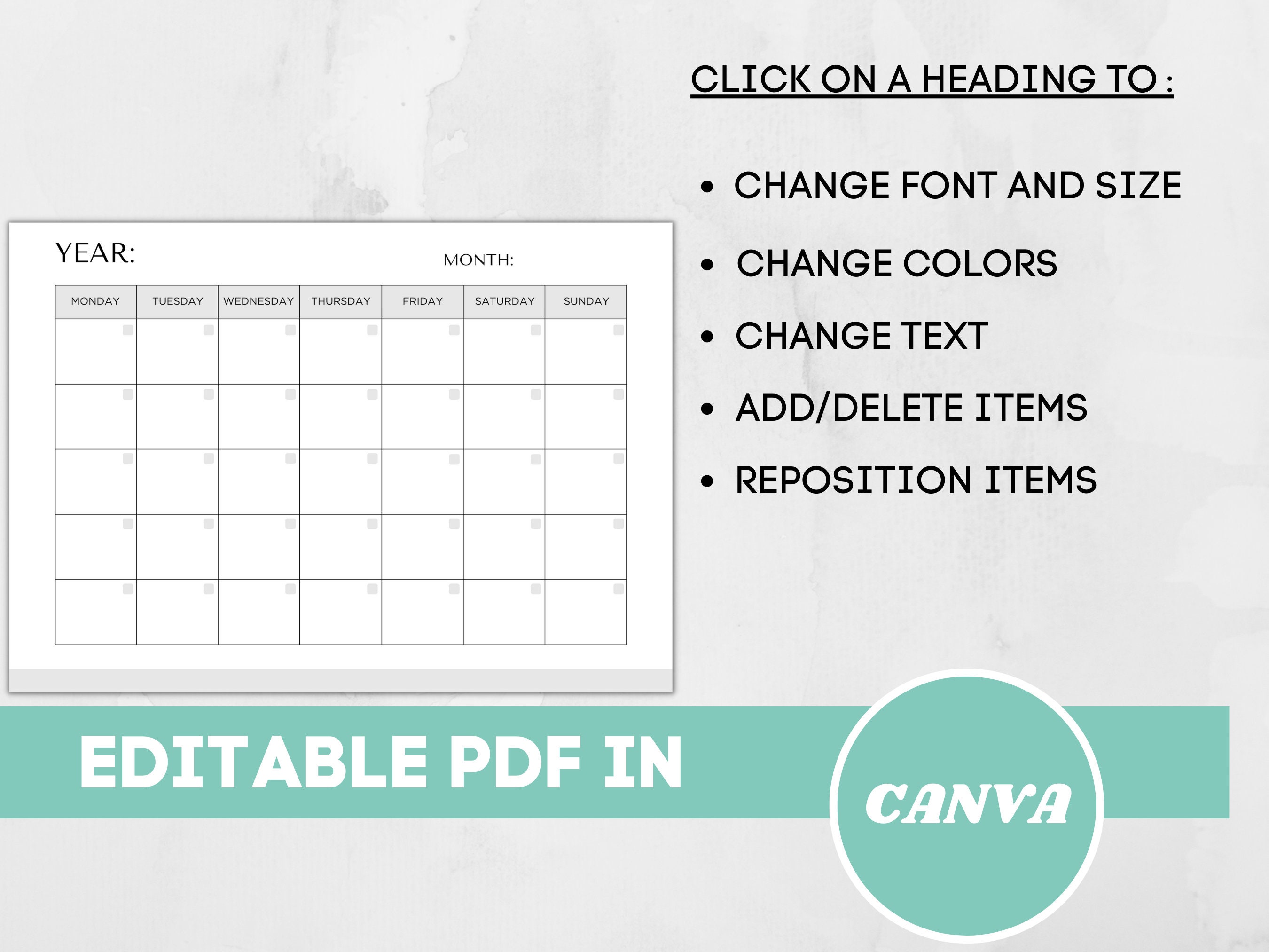 Printable Blank Calendar Template, Editable Calendar, Monthly Calendar ...