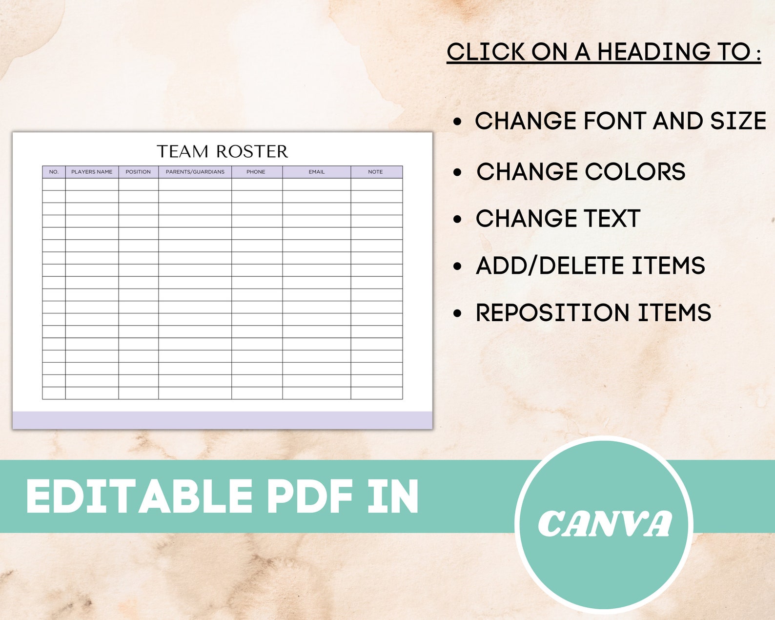 Team Roster Printable, Editable Sports Roster, Printable Soccer Team ...