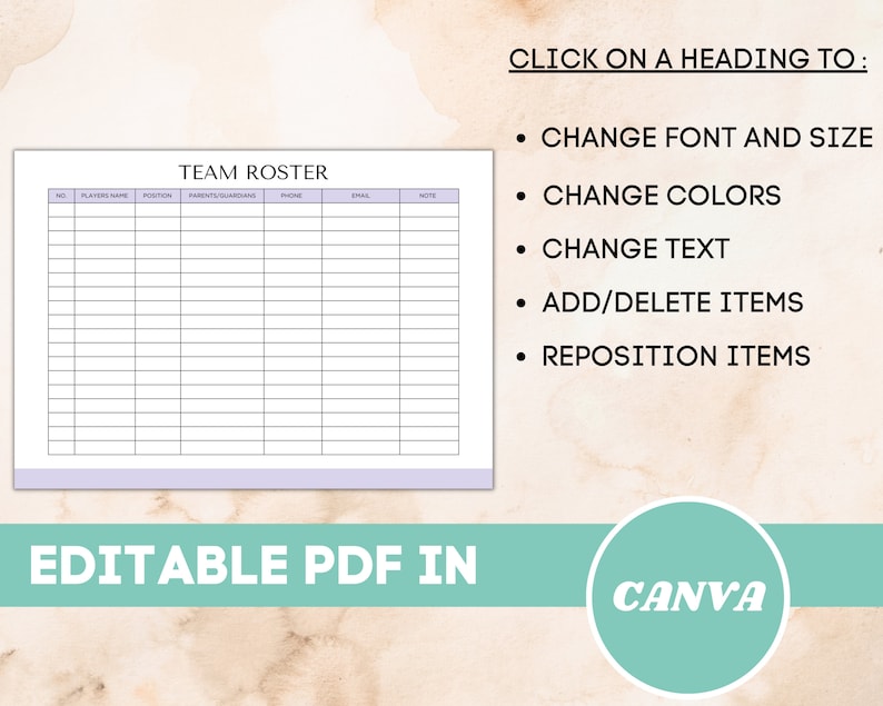 Team Roster Printable, Editable Sports Roster, Printable Soccer Team ...