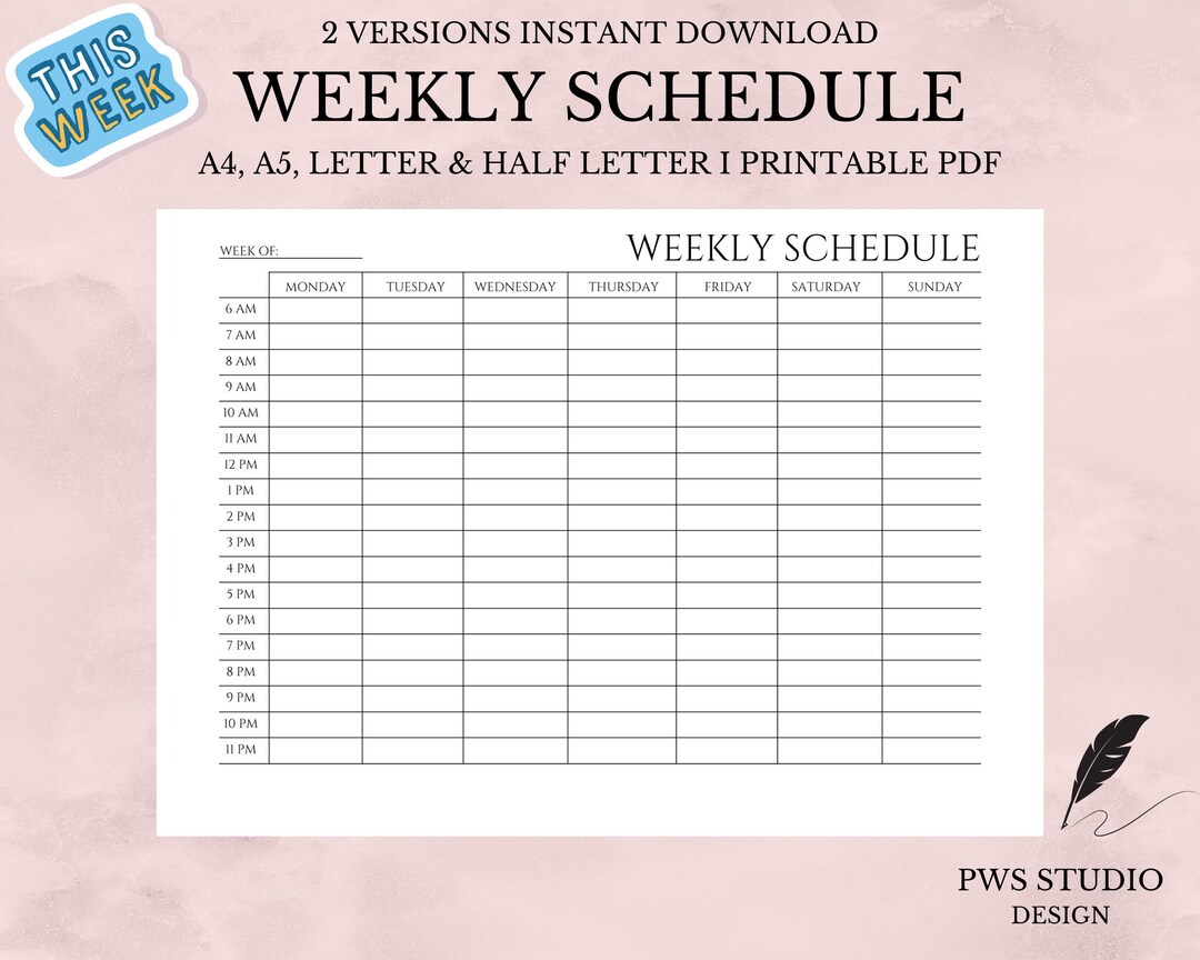 Hourly Weekly Schedule Landscape Printable, Weekly Planner, Printable ...