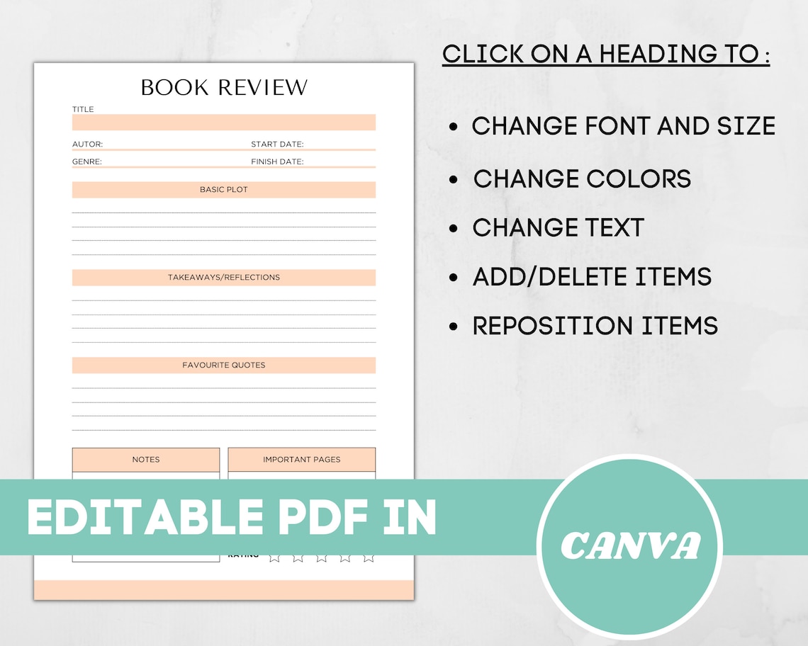 Printable Book Review Template, Simple Book Review Editable, Book ...