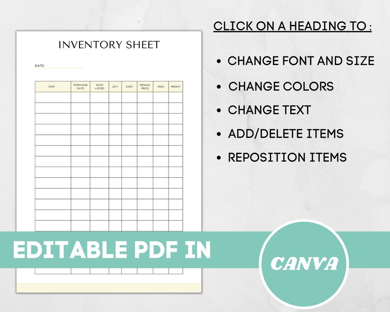 Printable Reseller Inventory Sheet, Editable Small Business Inventory ...