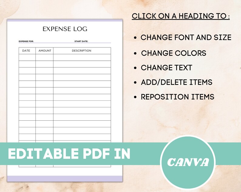 Expense Log Printable and Editable, Fillable Expense Sheet, Spending ...