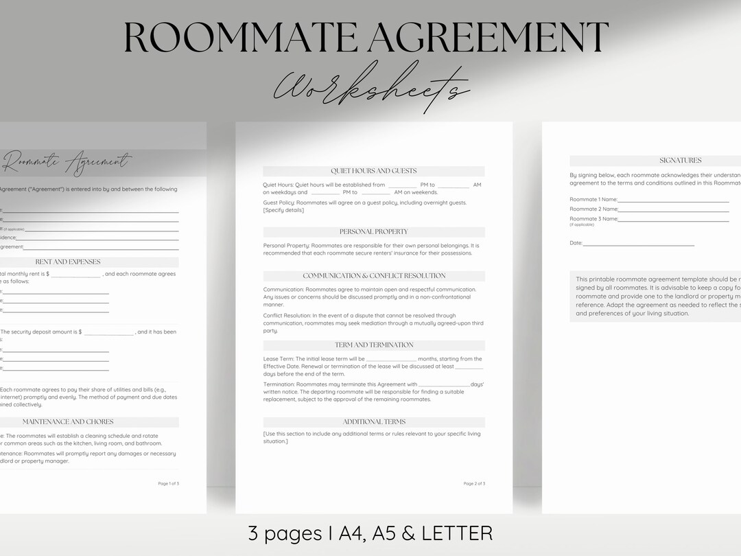 Roommate Agreement Flatmate Forms College Roommate Agreement Room ...