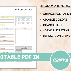Editable Daily Food Diary, Printable Daily Food Journal, Daily Food ...