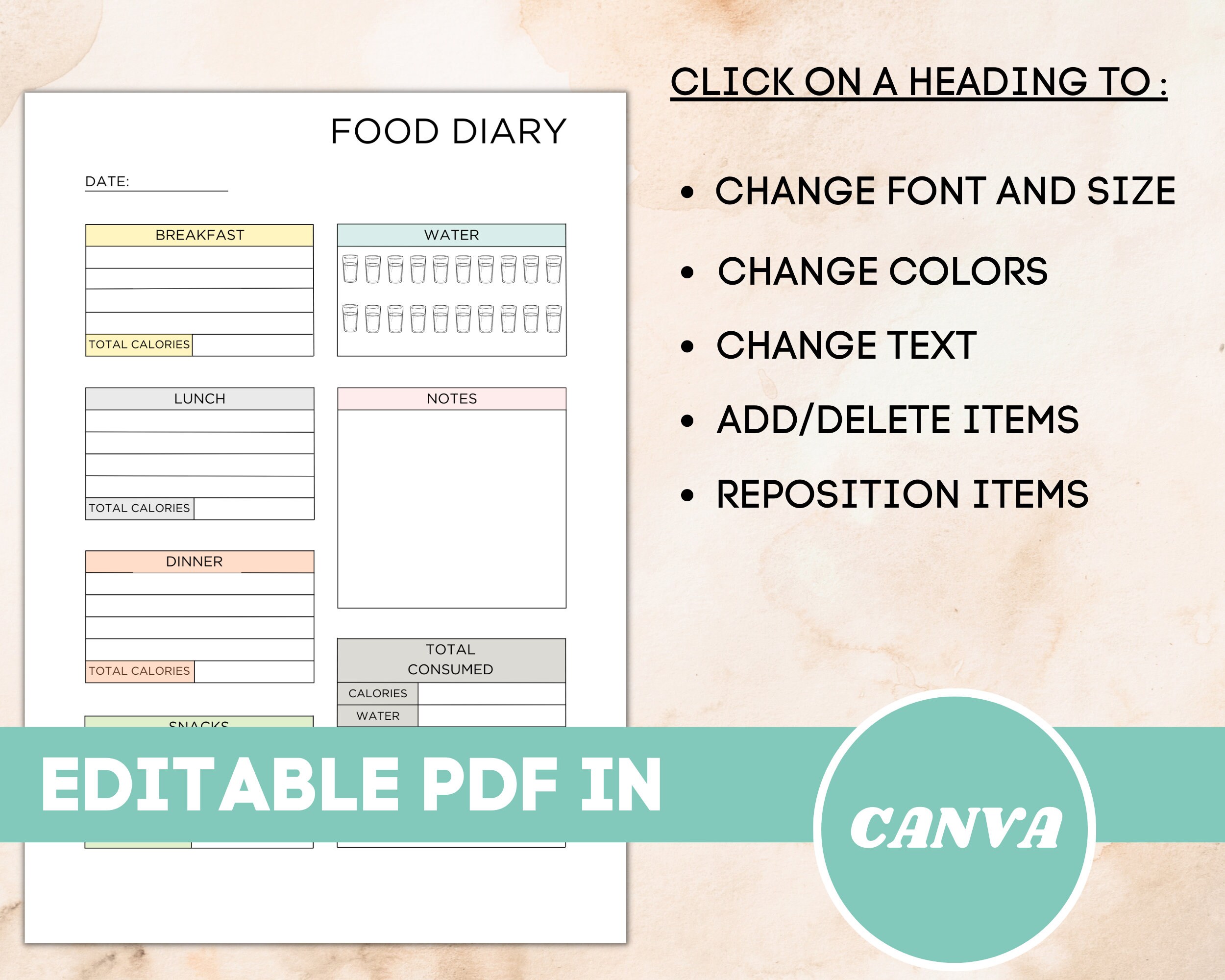 Editable Daily Food Diary, Printable Daily Food Journal, Daily Food ...