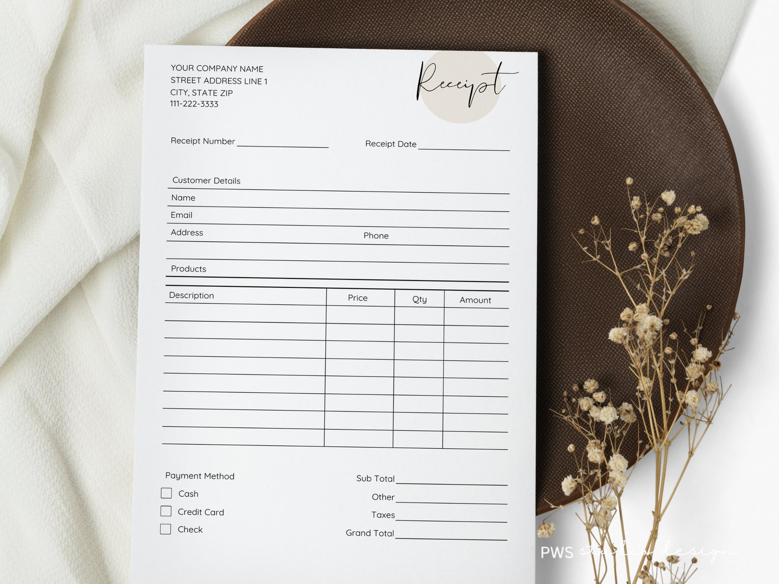 Receipt Template Editable and Printable Receipt Form Small Business Worksheet Invoice Order Job ...
