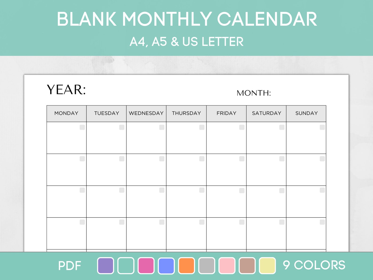 Printable Blank Calendar Template, Editable Calendar, Monthly Calendar ...