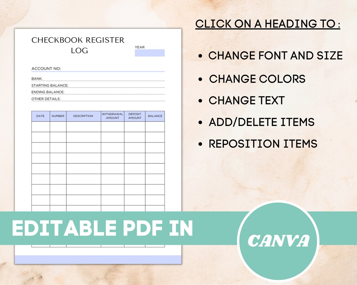 Checkbook Register Printable, Editable Check Register, Checkbook ...