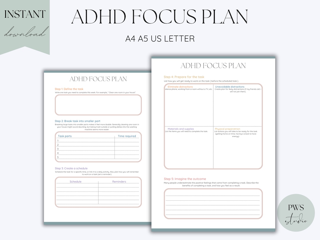 ADHD Focus Plan Worksheets Focus Daily Plan Goal Planner Therapy Focus ...
