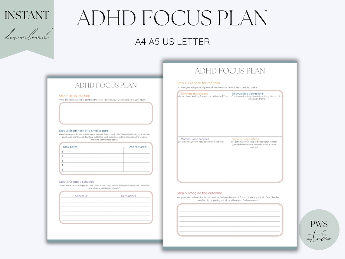 ADHD Focus Plan Worksheets Focus Daily Plan Goal Planner Therapy Focus Tools Productivity ADHD ...