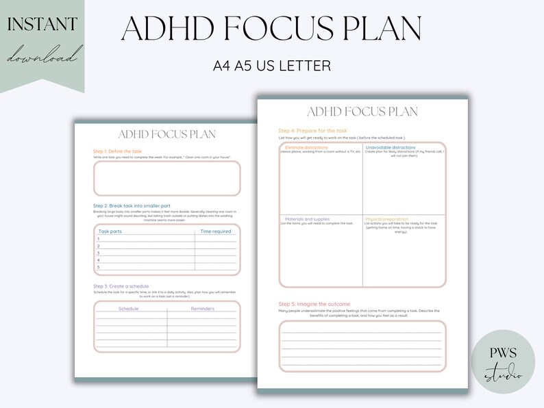 ADHD Focus Plan Worksheets Focus Daily Plan Goal Planner Therapy Focus ...