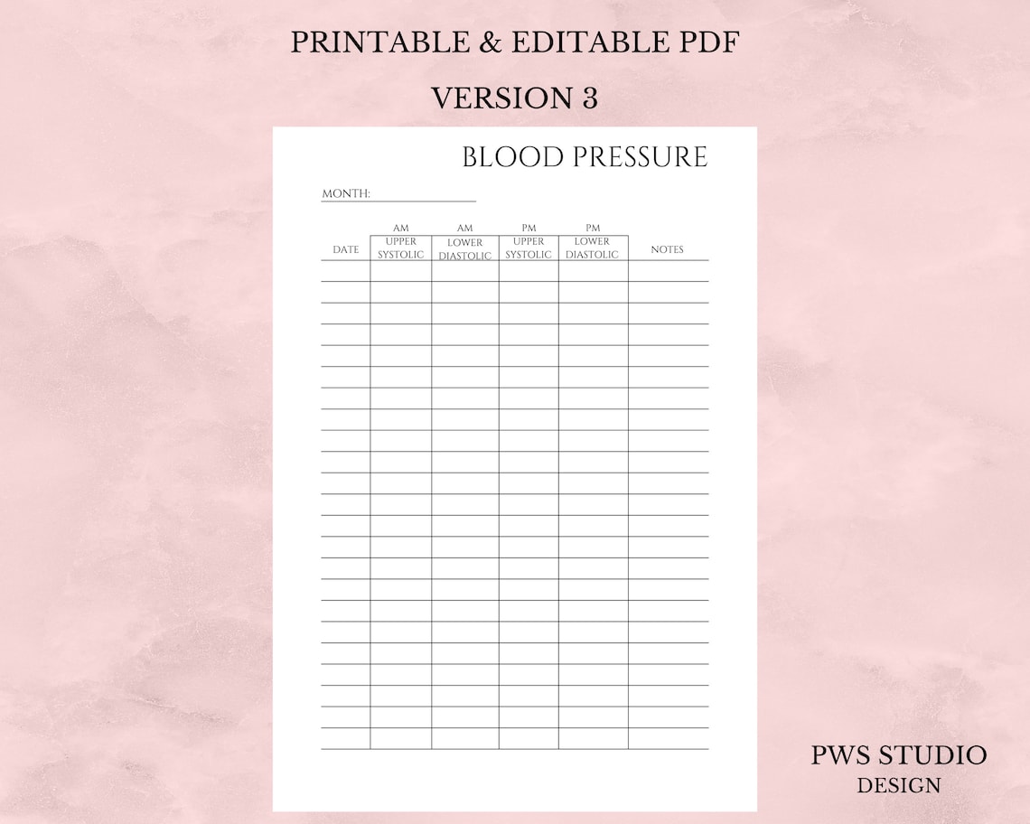 Blood Pressure Log Editable and Printable BP Tracker Daily Blood ...
