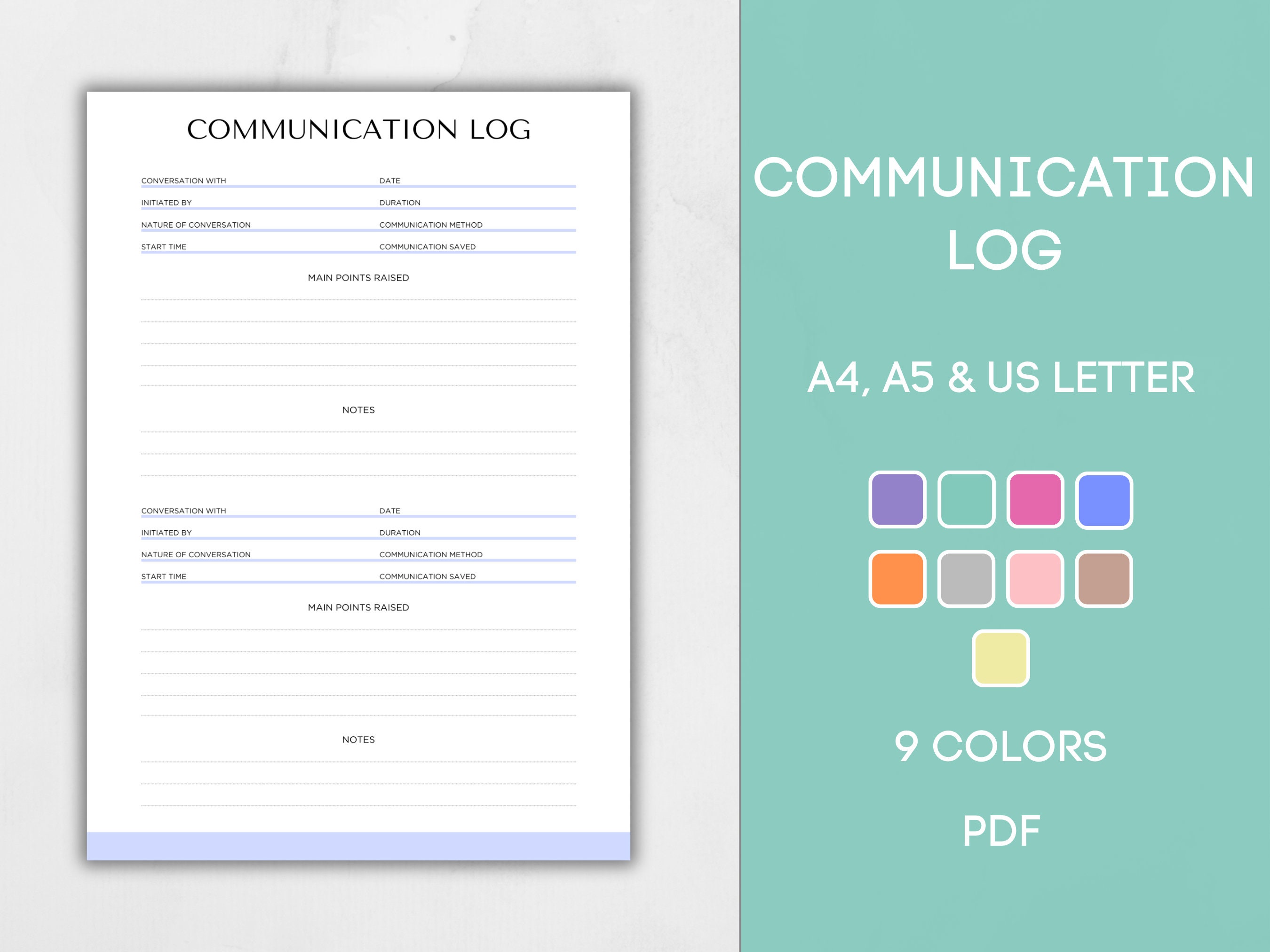 Printable Communication Log, Editable Conversation Record, Call Log ...