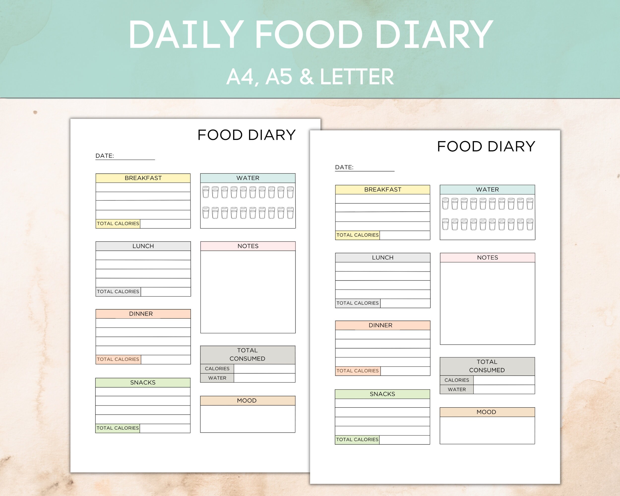 Editable Daily Food Diary, Printable Daily Food Journal, Daily Food ...