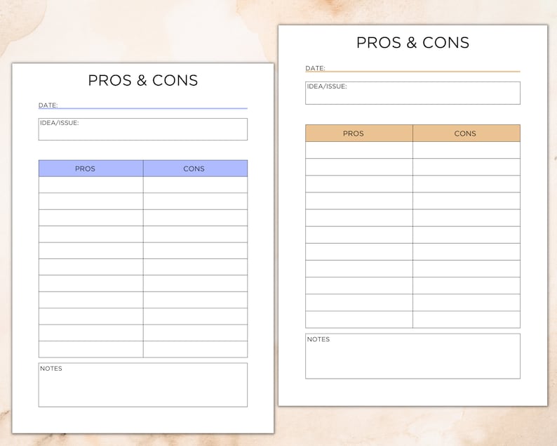 Lista de pros y contras Imprimible Editable Imprimir en casa Planificador Organizador de vida ...