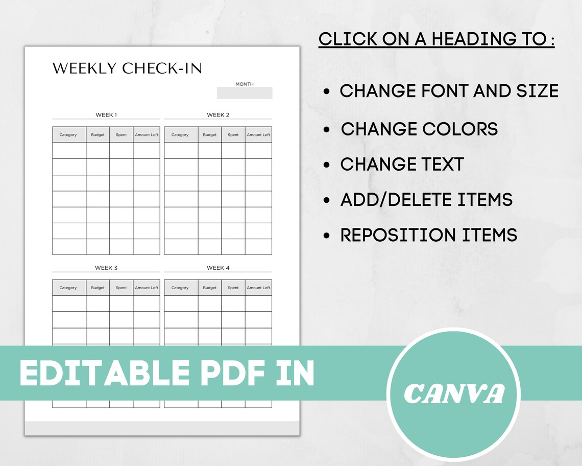 Printable Weekly Check-in Tracker, Editable, Weekly Check-in Planner ...
