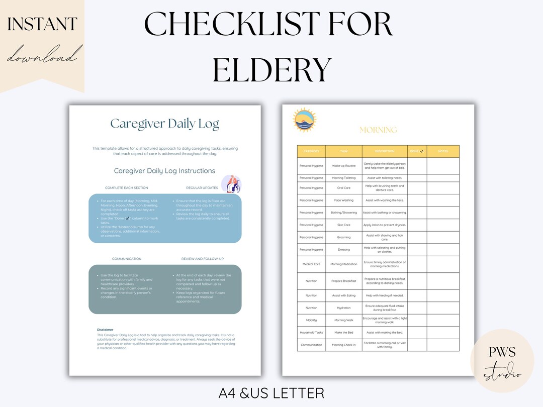 Caregiver Log Printable Checklist for Eldery Instant Download Caregiver ...