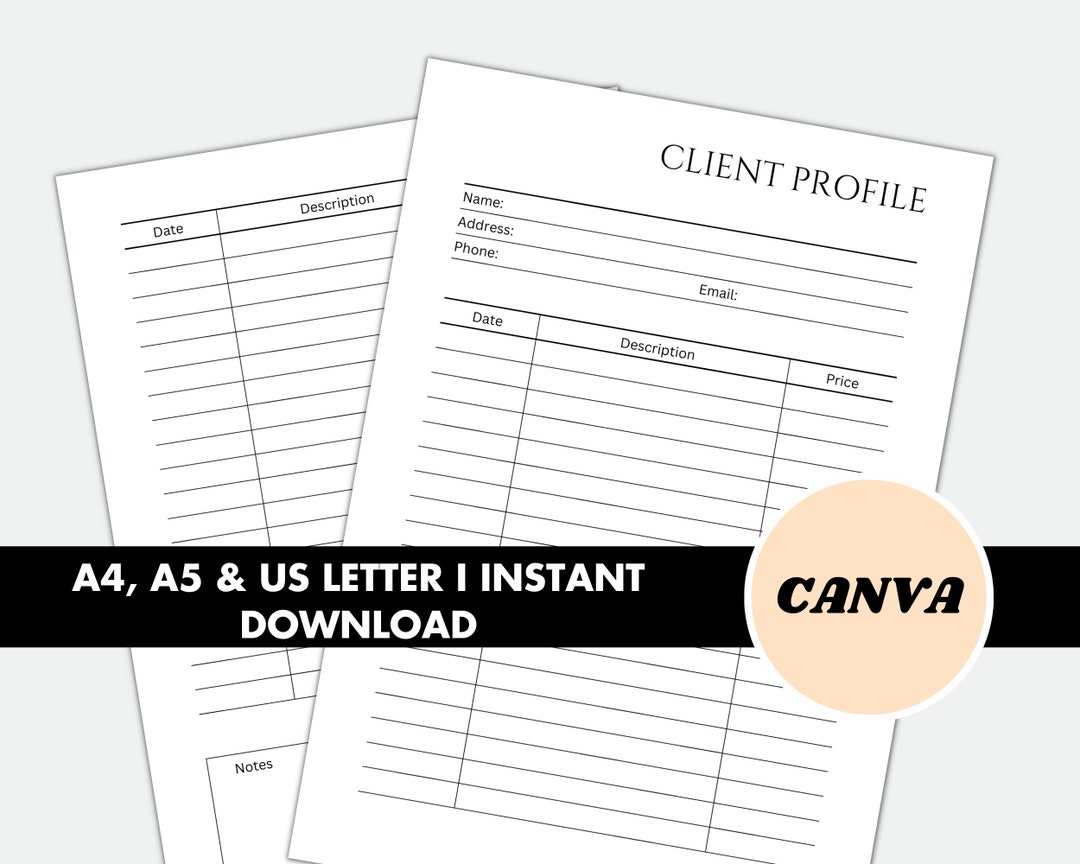 Client Profile Sheet, Customer Information Card, Business Client ...