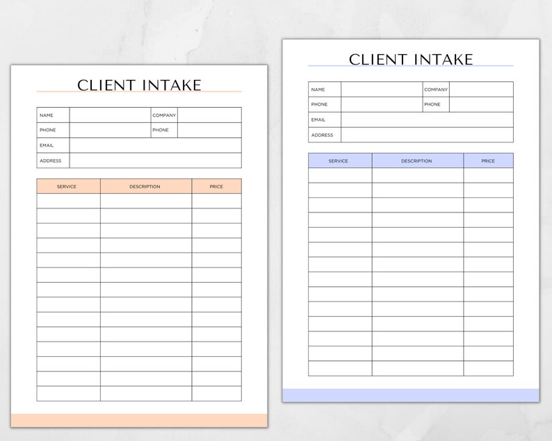 Printable Client Intake Form, Editable Client Service List, Client ...