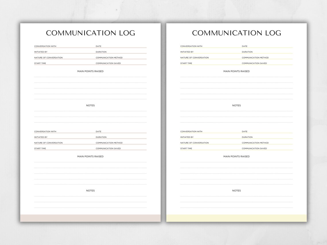 Printable Communication Log, Editable Conversation Record, Call Log ...