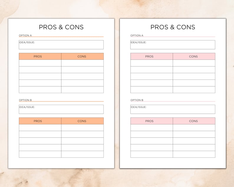 Lista de pros y contras imprimible y editable, hoja de ayuda para tomar ...