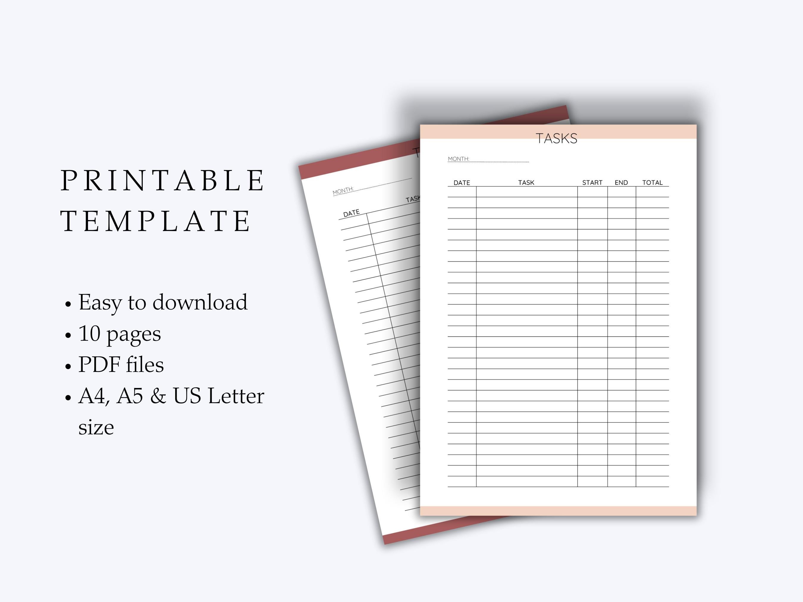 Task Time Tracker Template, Printable Productivity Tool, Time ...