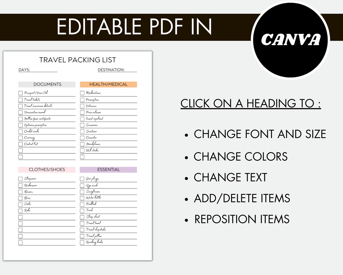 Packing List, EDITABLE, PRINTABLE, Packing List Template, Packing Lists ...