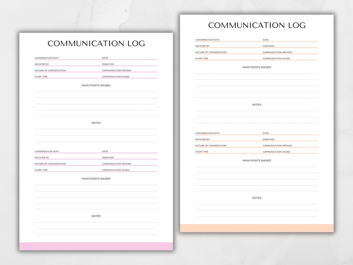 Printable Communication Log, Editable Conversation Record, Call Log ...