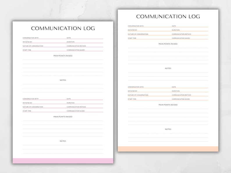 Printable Communication Log, Editable Conversation Record, Call Log ...