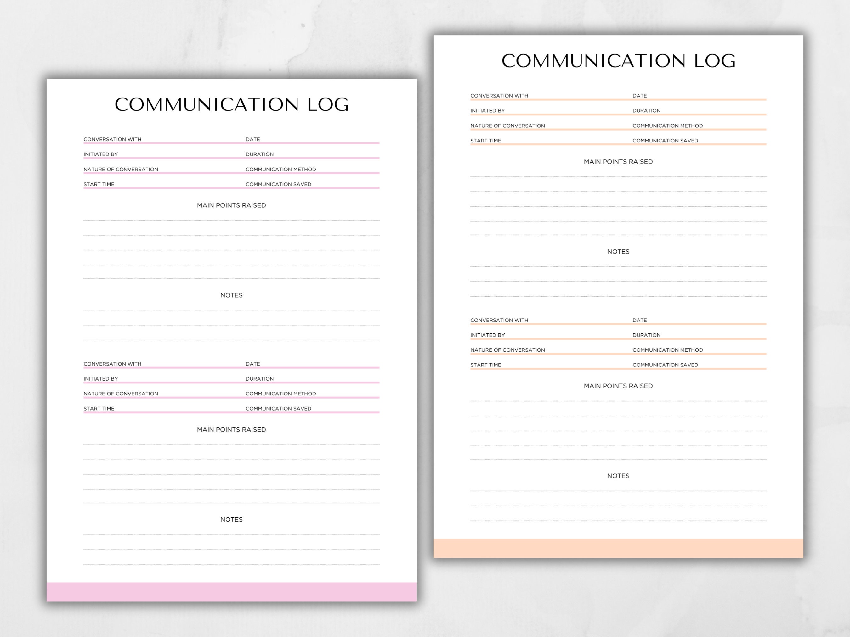 Printable Communication Log, Editable Conversation Record, Call Log ...