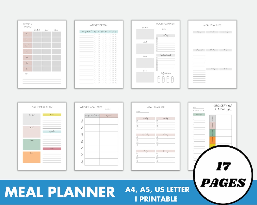 Printable Meal Planner, Weekly Meal Menu, Recipe Sheet, Daily Food ...