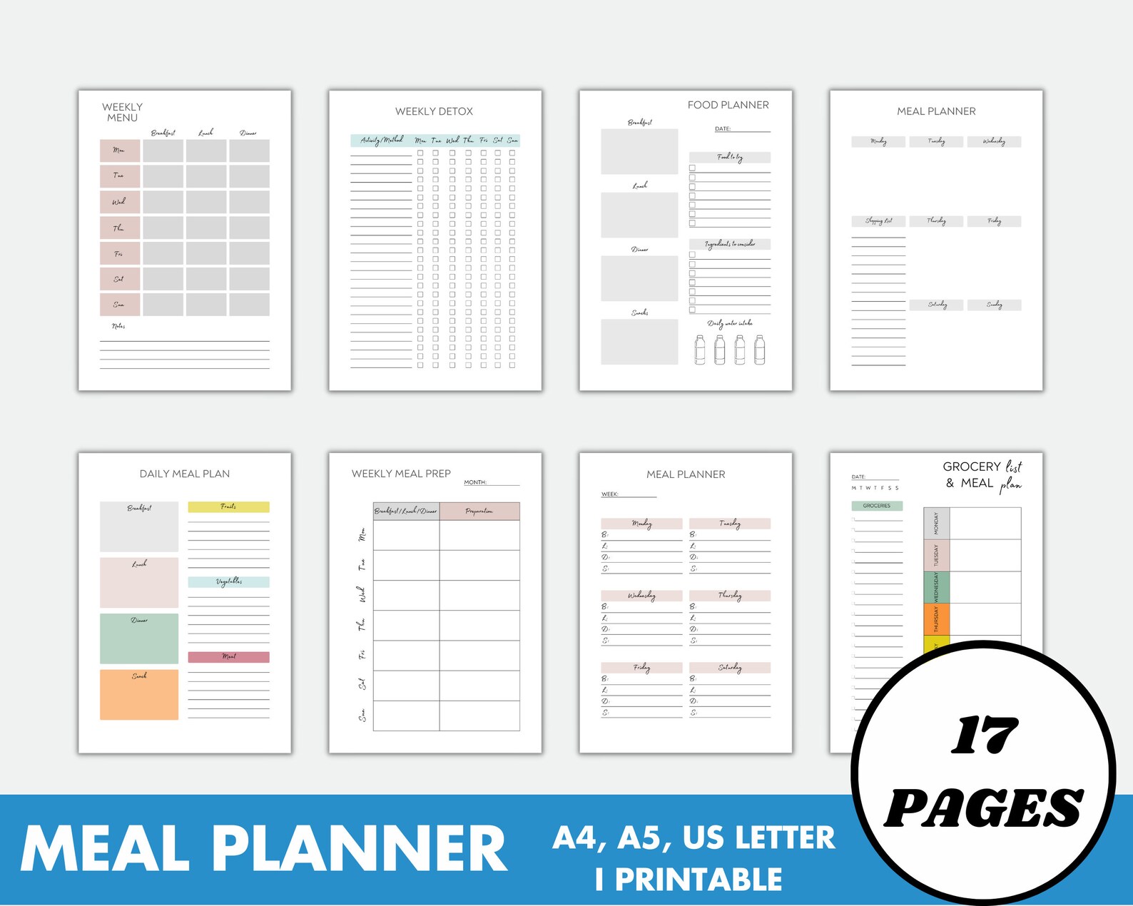 Printable Meal Planner, Weekly Meal Menu, Recipe Sheet, Daily Food ...