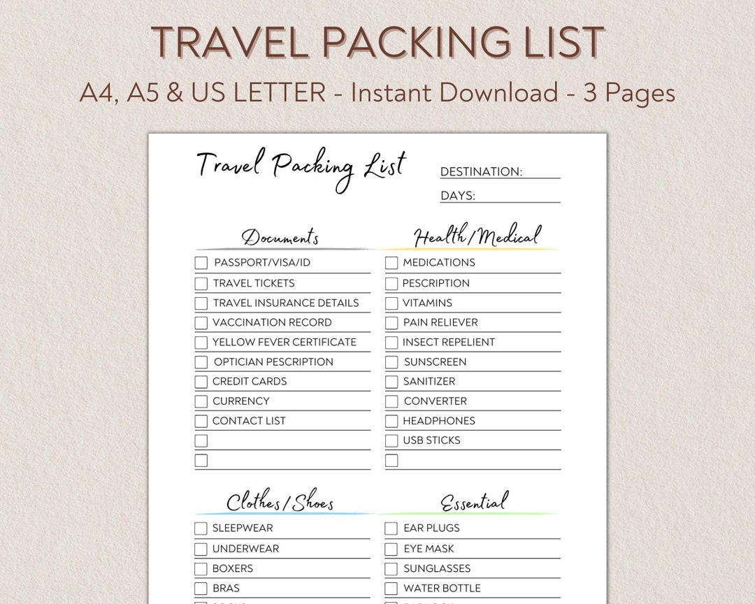 Editable Travel Packing List, Travel Checklist Printable, Travel ...