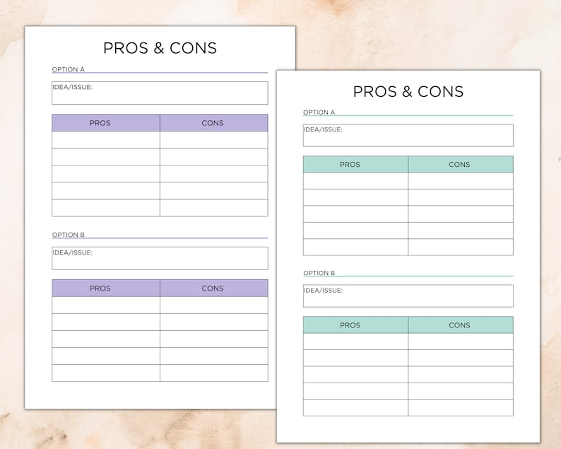 Printable and Editable Pros and Cons List, Make a Decision Aid Sheet ...